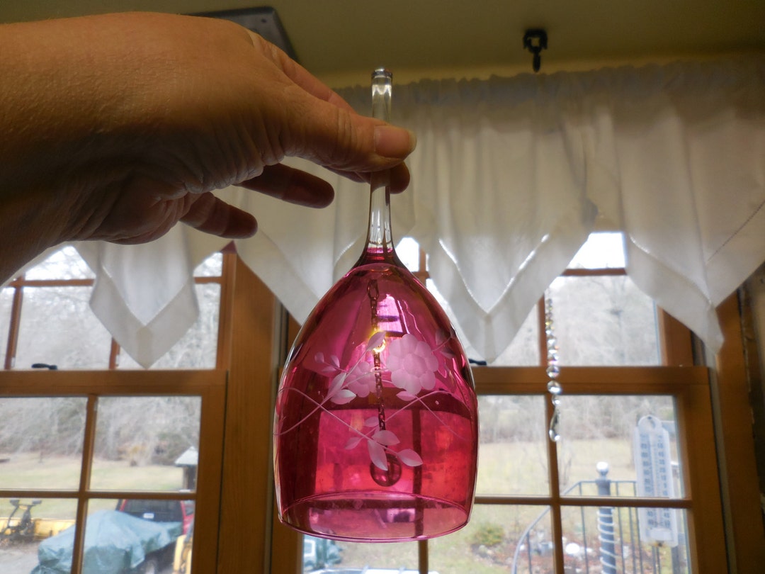 Vintage Etched Pink Glass Bell Flowers Hand Held Bell Crystal Ringer ...