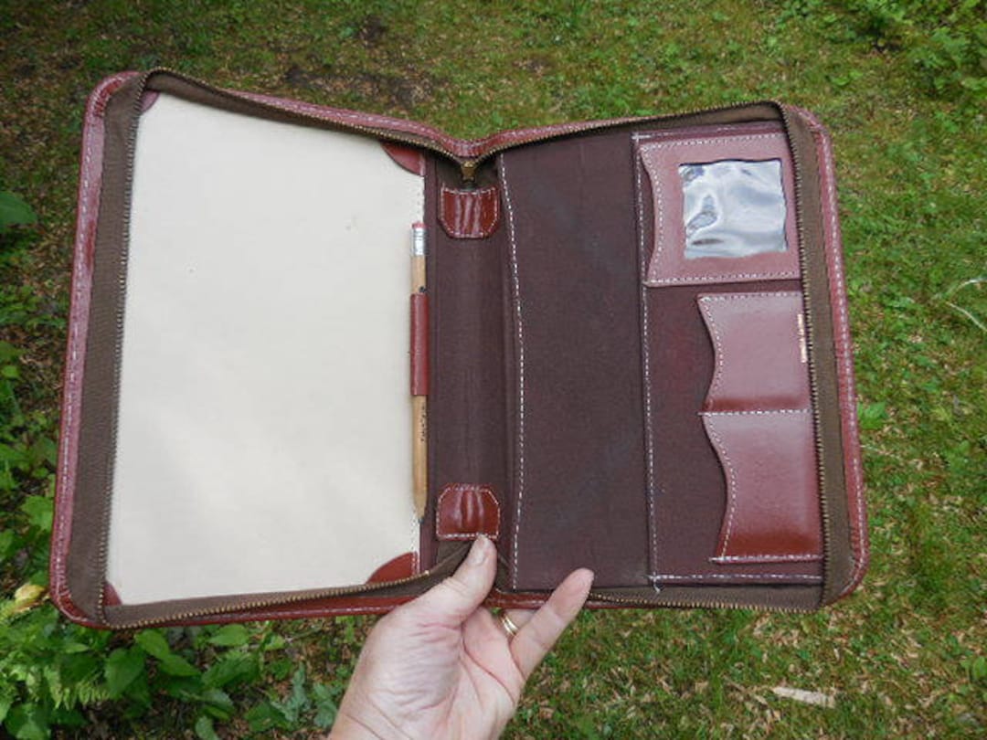 Vintage Brown Zippered Leather Organizer Work Writing Pad Holder Credit ...