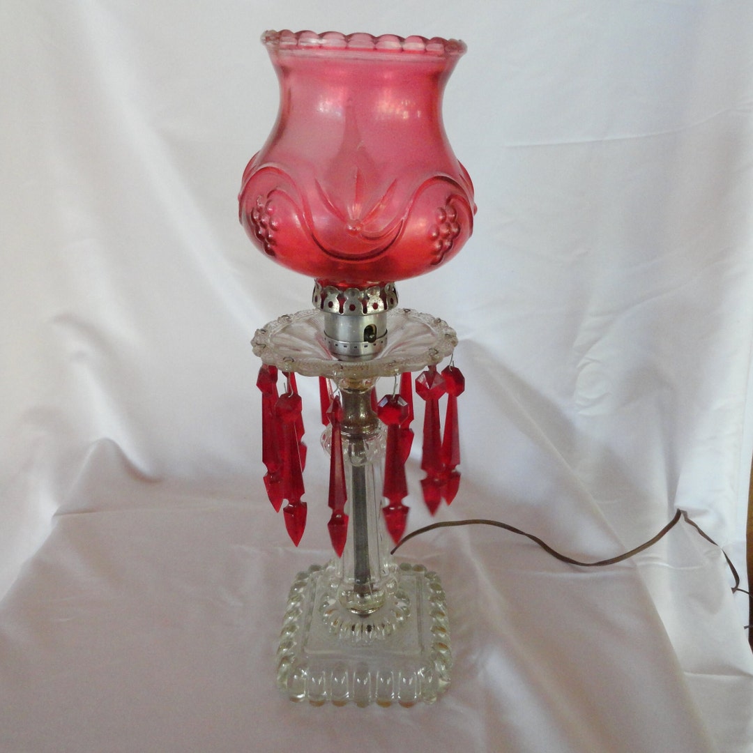 Vintage Red Flash Glass Lamp Bedside Table Embossed Small Light Plastic ...