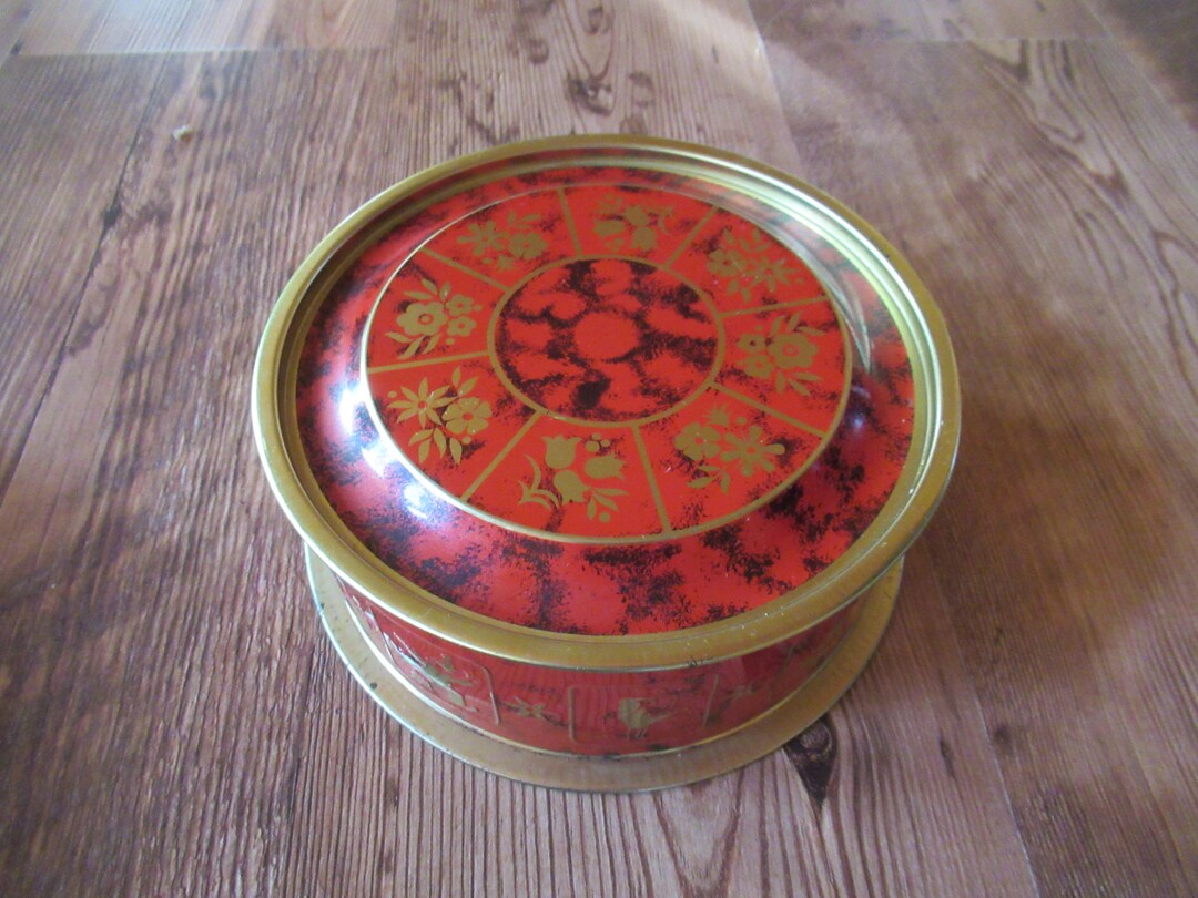 Vintage Red & Gold Floral Round Tin Nursery Rhymes Small Storage 1970s ...