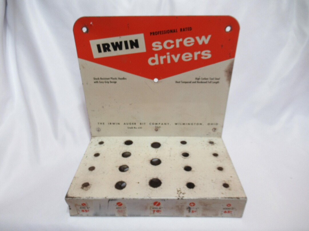 Vintage IRWIN Screwdriver Display Hanger Orange & White Metal Wall Mount Garage Mechanics ...
