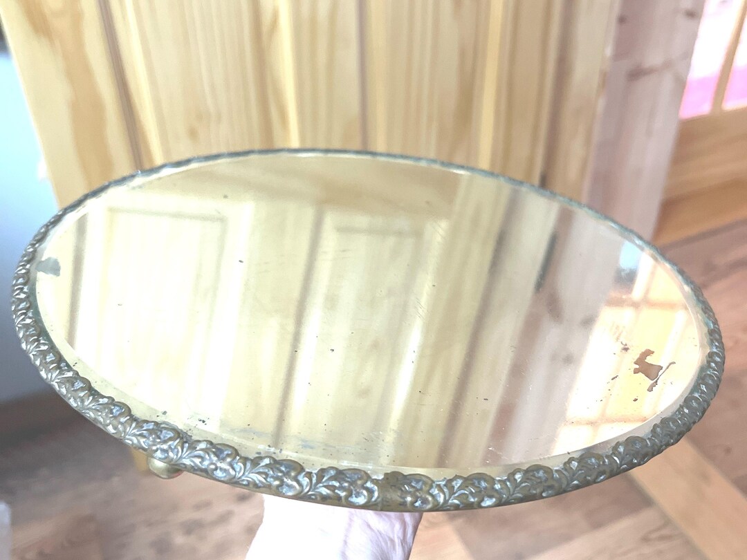 Antique Round Beveled Table Mirror Ball Feet Ornate Design Brass Vanity ...