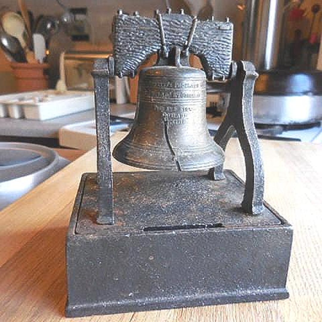 Vintage Liberty Bell Coin Bank Cast Iron Black Square Screw Bottom ...
