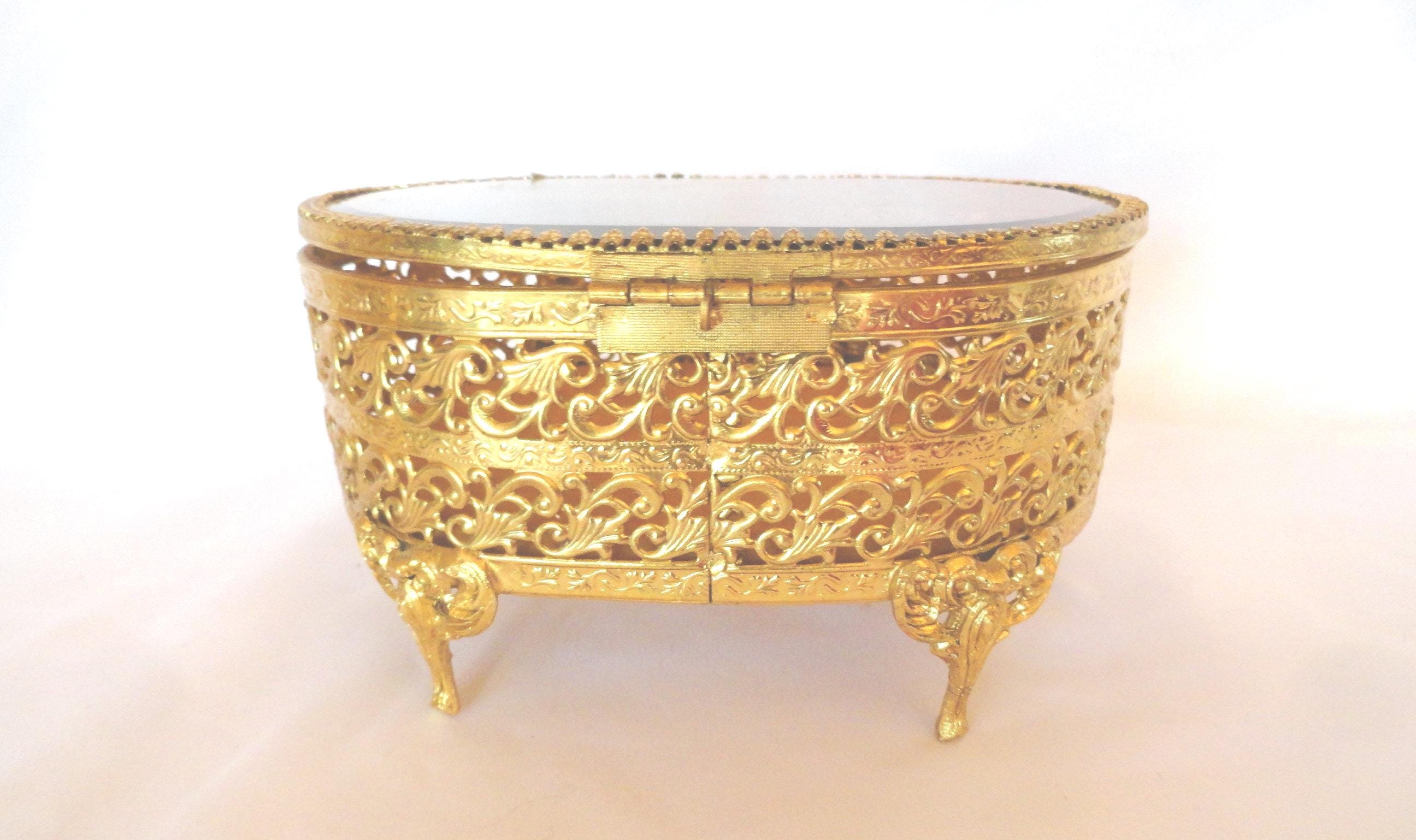 Vintage Gold Filigree Jewelry Box, Metal, Oval, Footed, Yellow Glass ...
