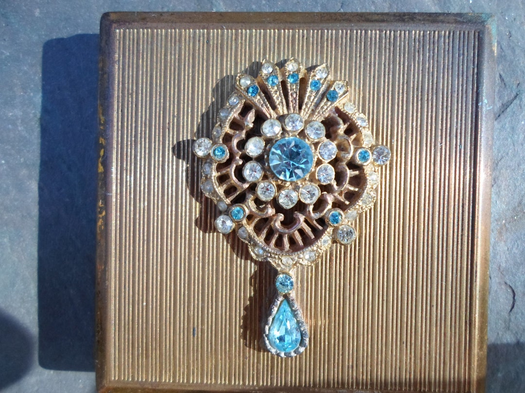 Vintage Women's Atomette Square Powder Compact Aqua & Clear Rhinestones ...