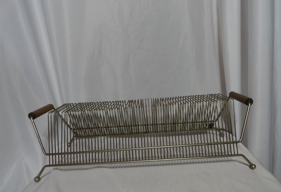 Vintage Vinyl Record Rack Metal & Wood Gold Tone Stand Ball Feet Movie ...