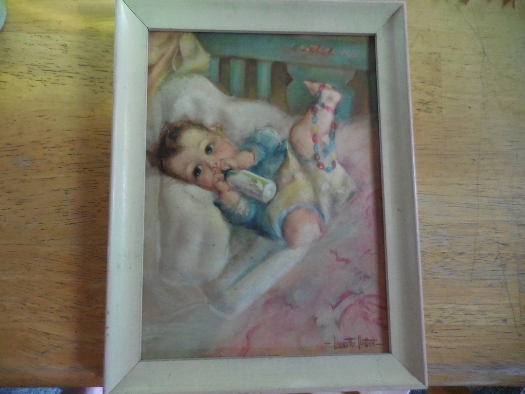 Vintage Puffy Print Baby Wall Hanging Baby Drinking Bottle in Crib ...