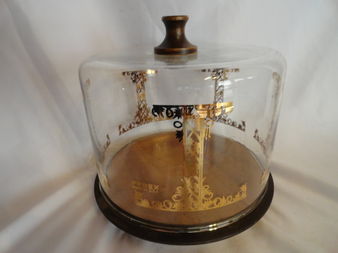 Vintage Pyrex Clear & Gold Covered Cheese Dish Glass Wood Base Round ...