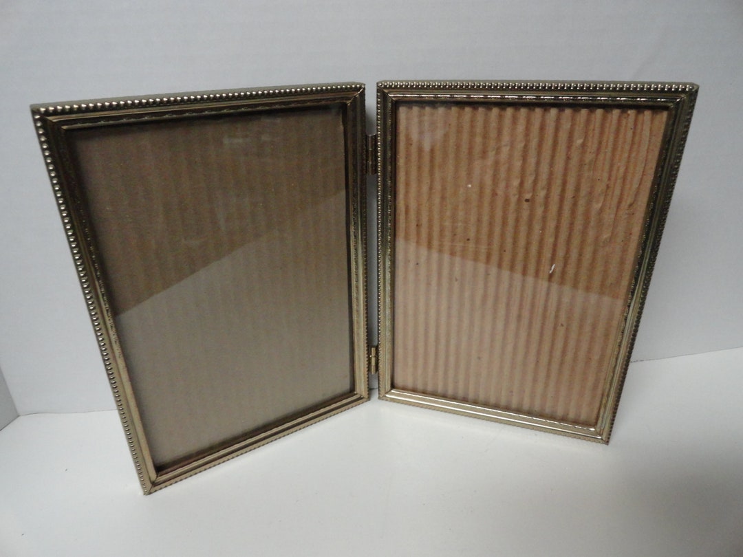 Vintage Double Picture Frame Gold Metal Photo Frame Hinged Table Top or ...