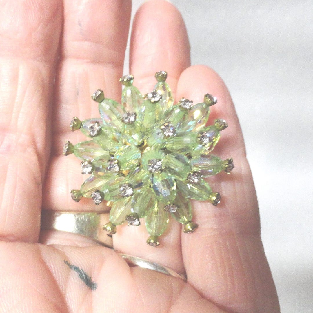 Vintage Chartreuse Glass Bead Pin Iridescent Glass & Clear Rhinestone ...