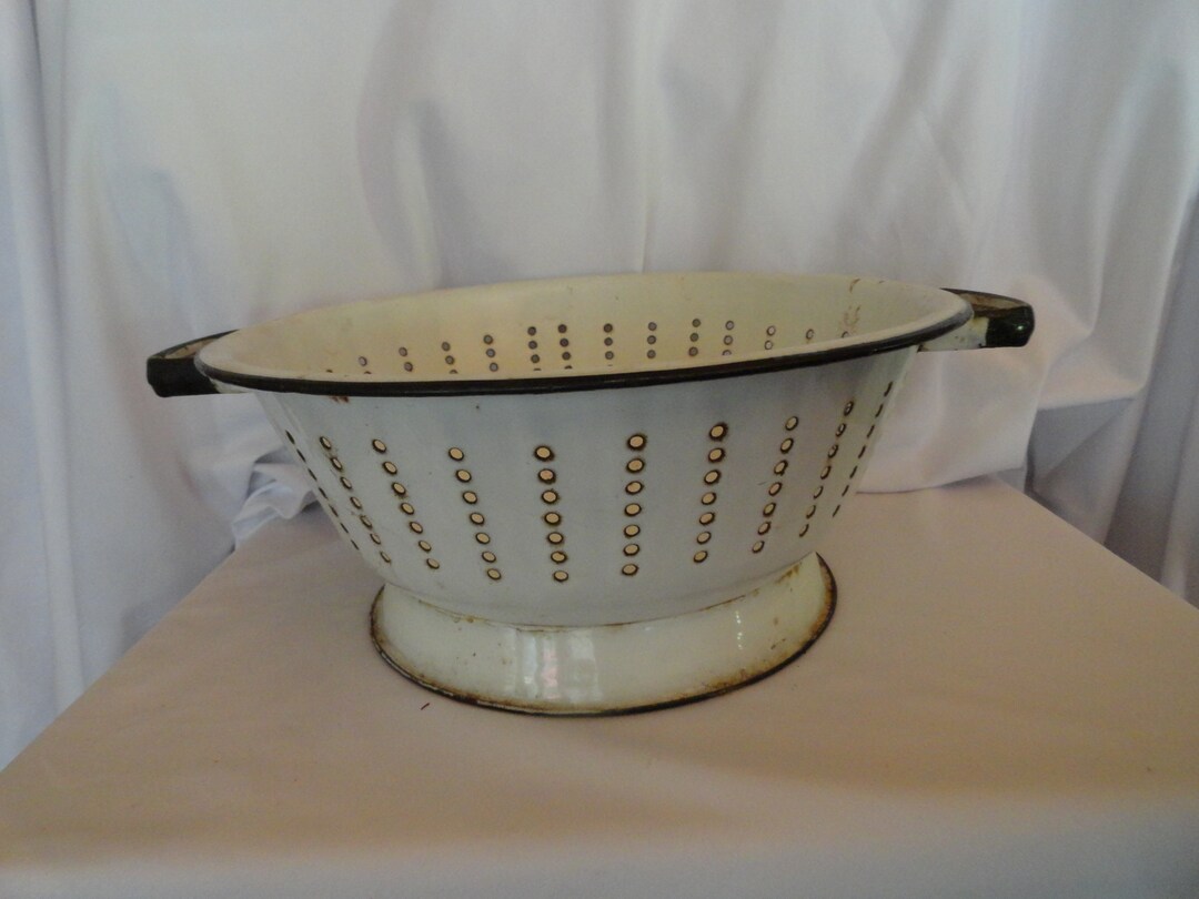 Vintage White & Black Enamel Large Colander Kitchen Decor Display ...
