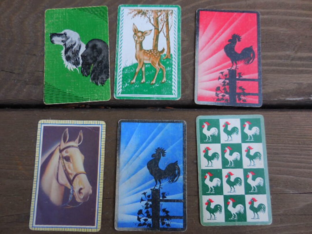 Vintage 6 Unique Playing Cards Animals Chickens for Crafting ...