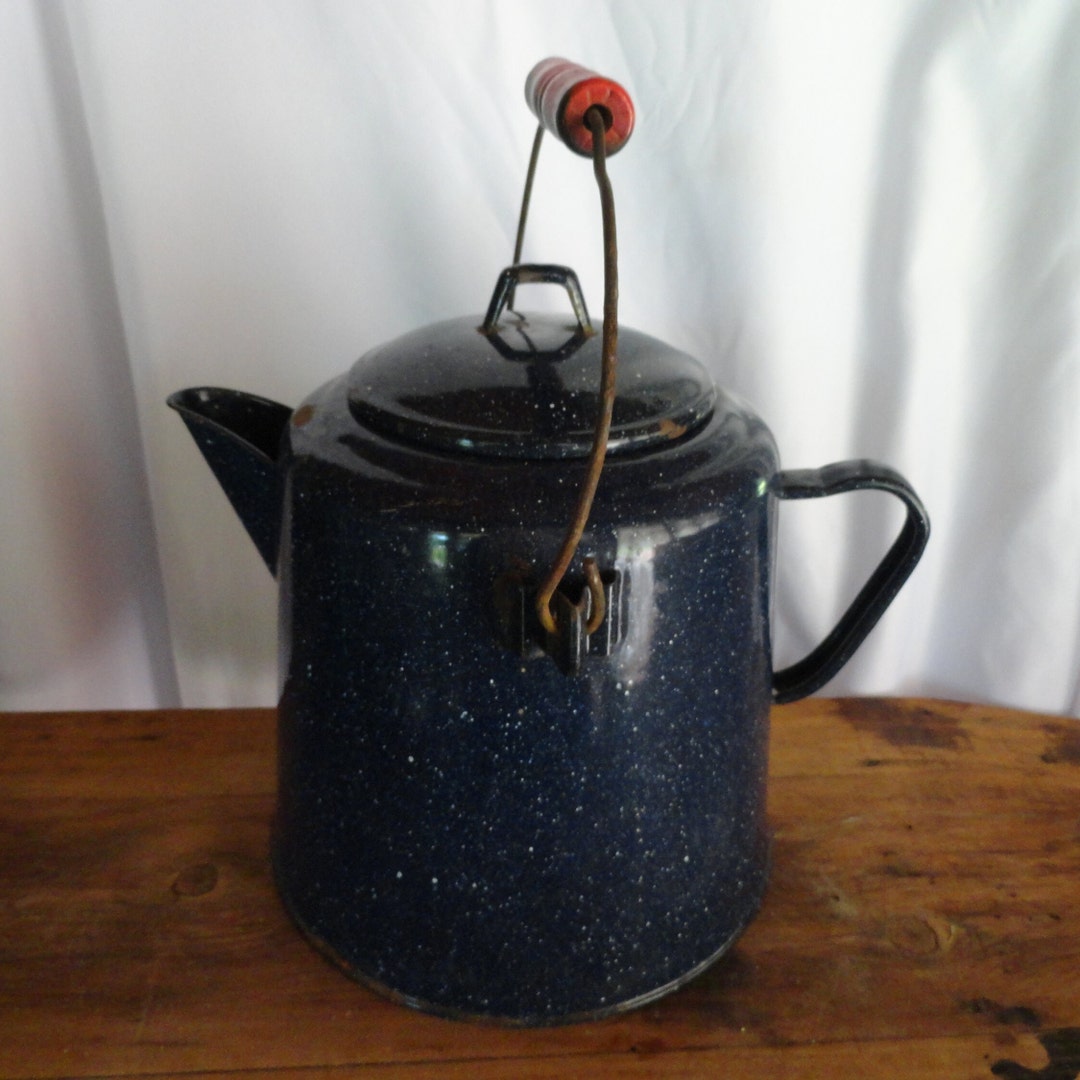 Vintage Large Blue Enamel Coffee Pot White Speckled Rust Spots Kettle ...