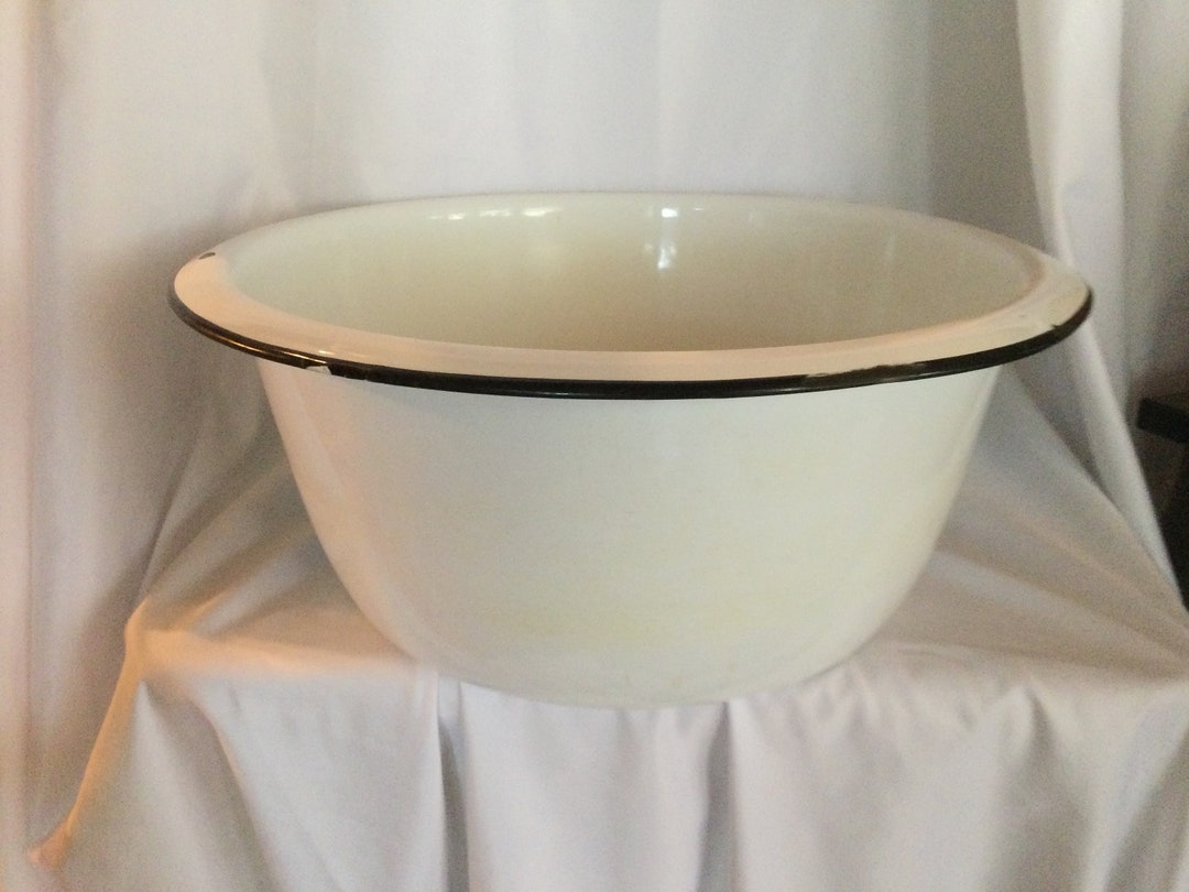 Vintage White & Black Trim Large Enamel Bowl Wash Basin Deep Metal ...