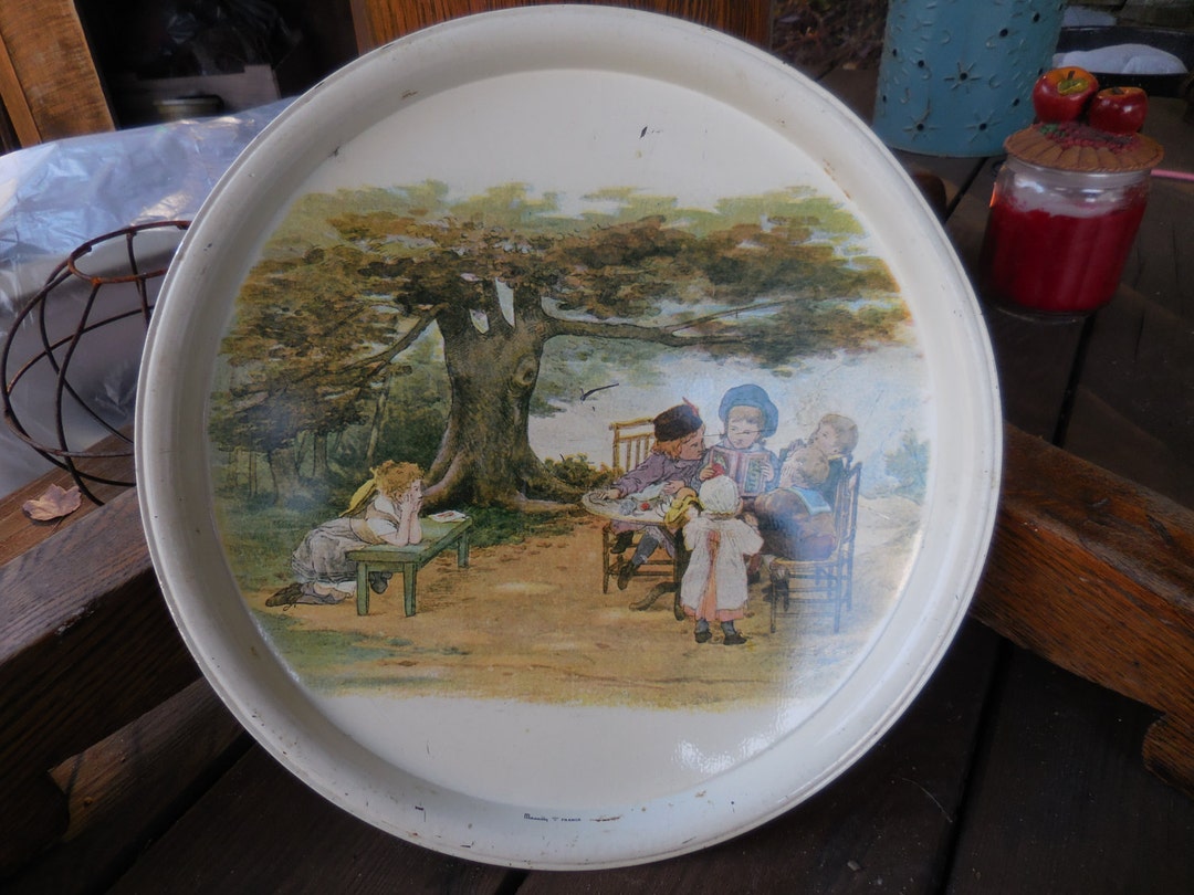 Vintage Massilly France Metal Tray Round Cottage Chic Children Reading ...