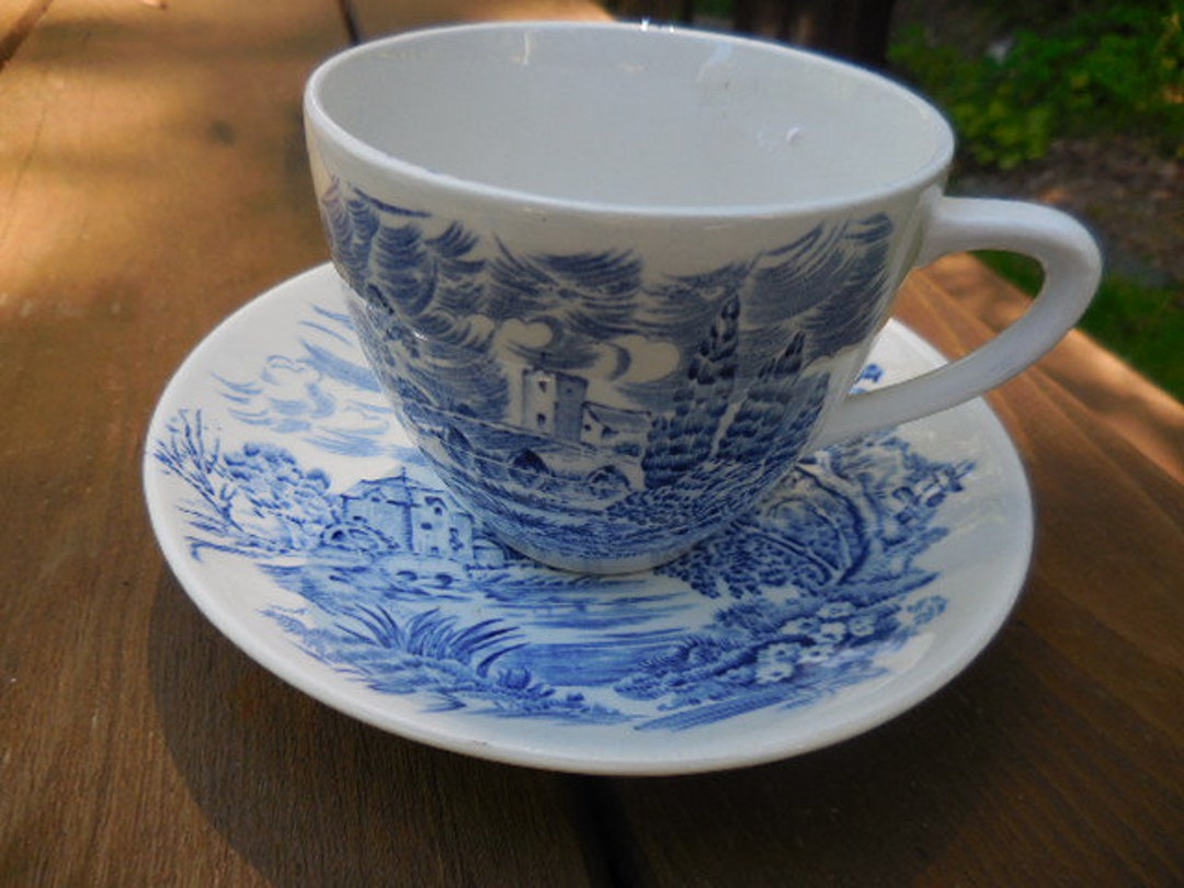 Vintage Blue & White Cup Saucer Set or Just Cup Countryside Pattern ...