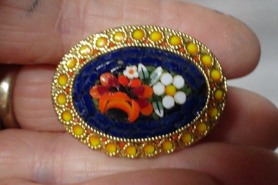 Vintage Mini or Micro Mosaic Pin Oval Navy Blue Yello… - Gem