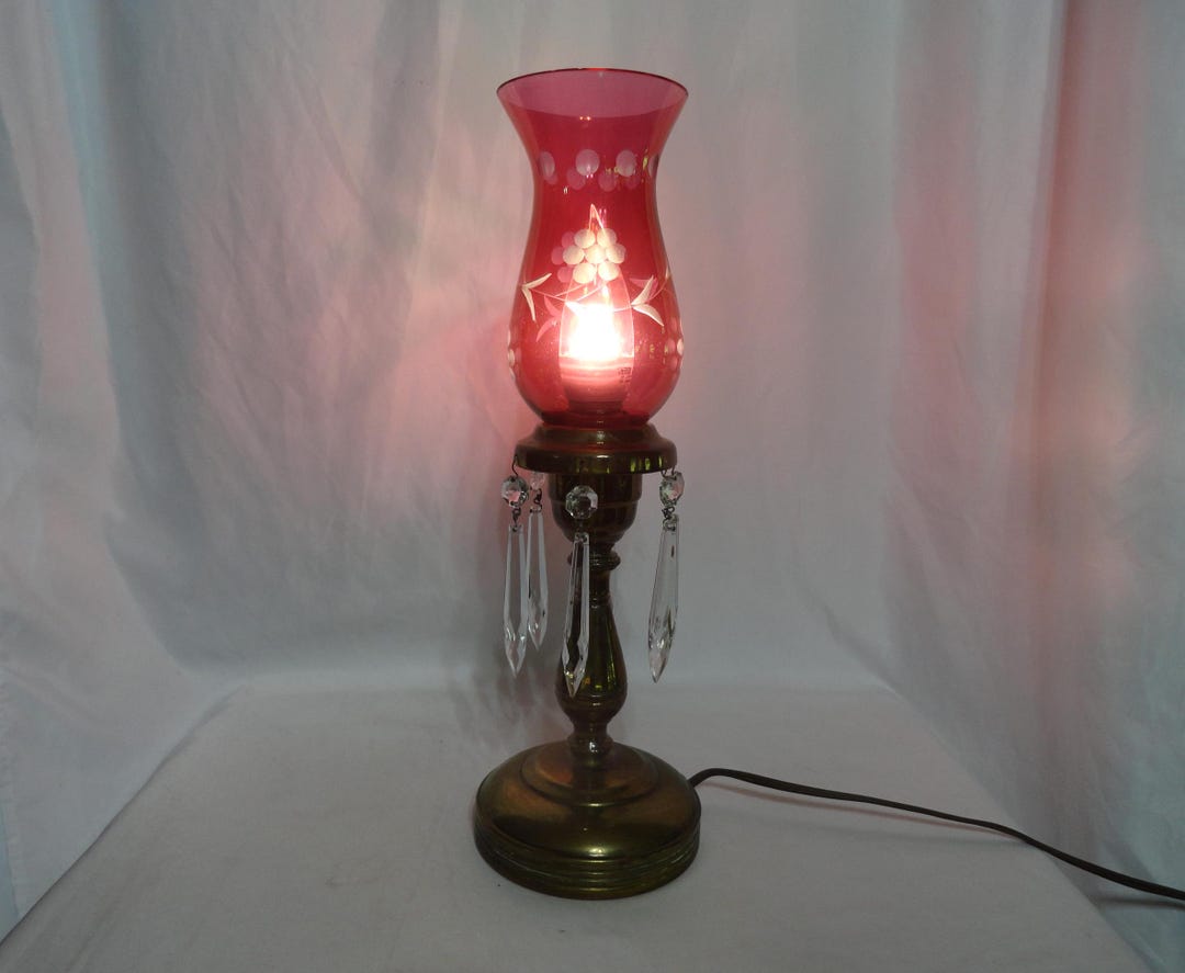Vintage Cranberry Glass & Brass Lamp Etched Flowers Home Decor Hanging ...