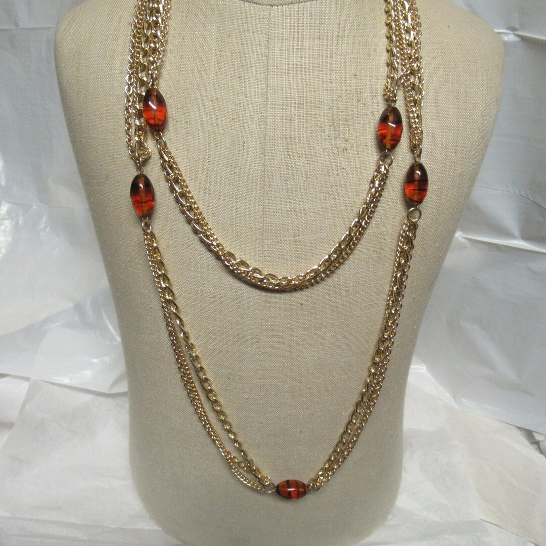 Vintage Emmons Faux Tortoise Necklace Chain Glass Beads Triple Strand ...