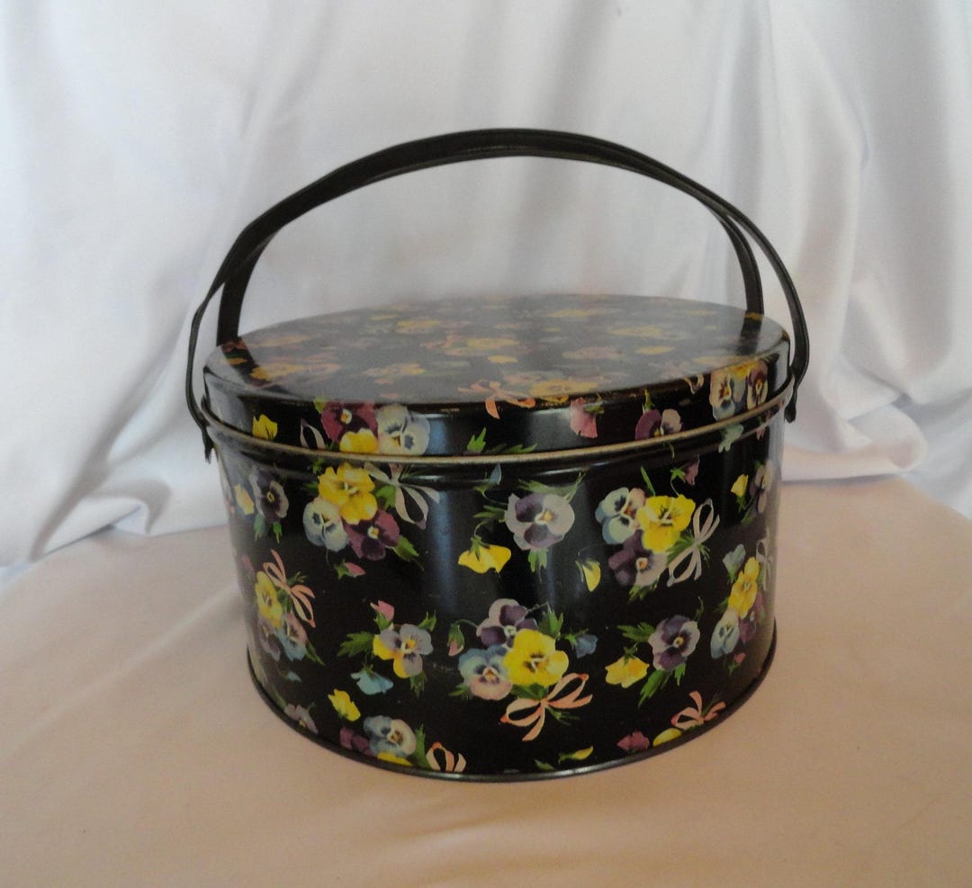 Vintage Black Pansy Flower Tin Two Handles Colorful Roses Blue Flowers ...