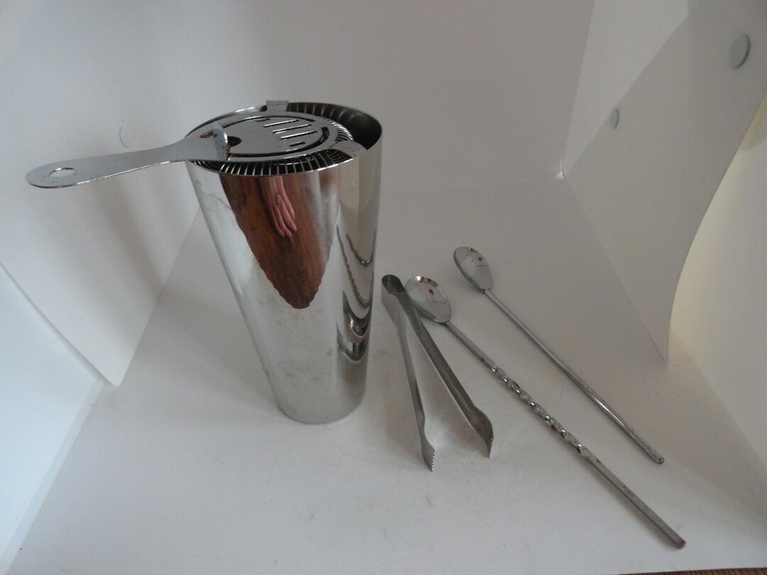 Vintage Stainless Steel Drink Mixer Set Tall Metal Cup Stirrers Filter ...