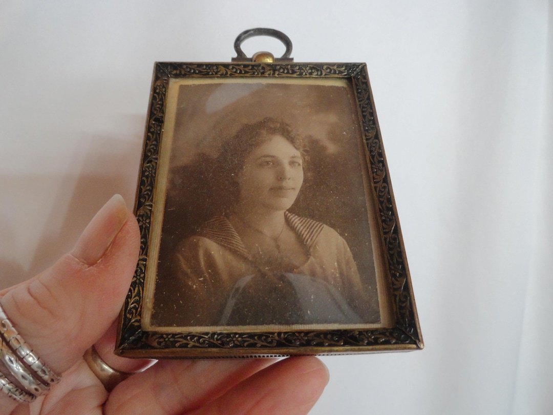 Vintage Small Brass Picture Frame Convex Glass Loop on Top Table Top ...