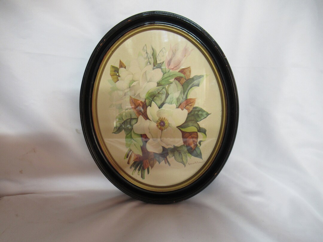 Vintage Oval Magnolia Flower Wall Hanging Black Lacquer & Gold Trim ...