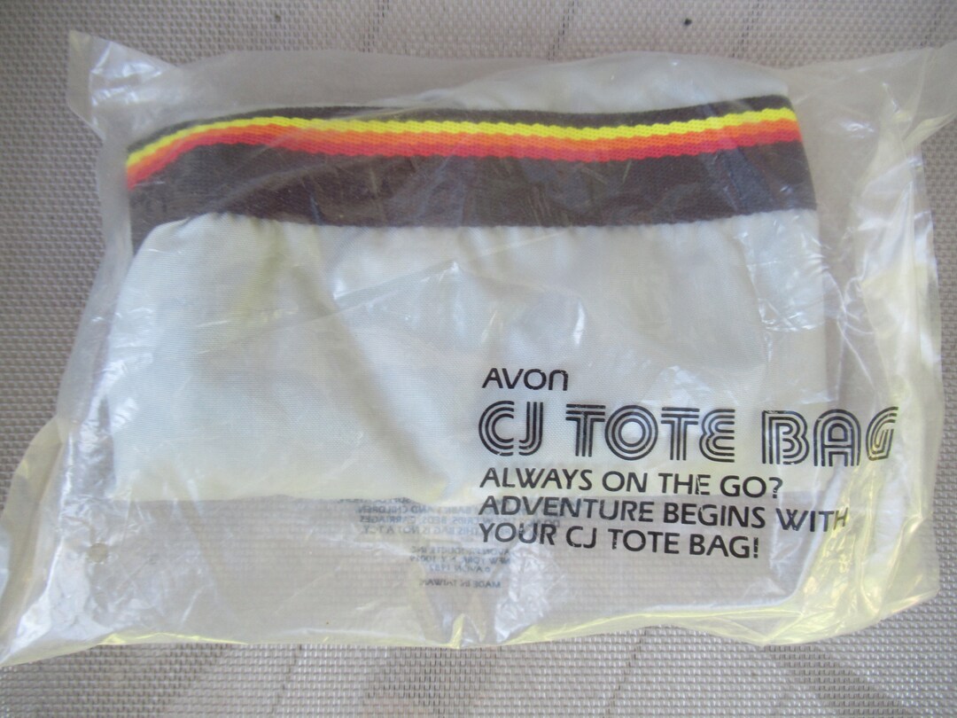 Vintage Avon CJ Tote Bag NOS Stripes Gray Nylon Black Orange Red Yellow ...