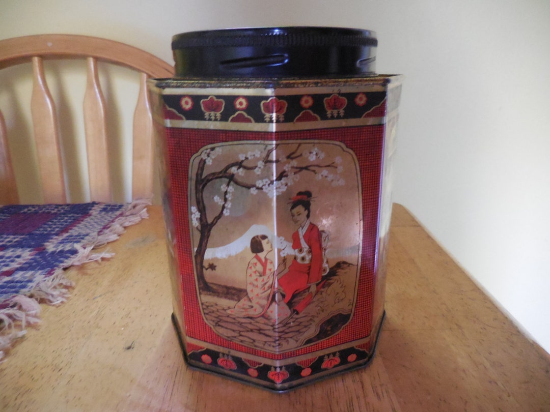 Vintage Asian Inspired Tin Red Octagonal Tin Black White Orange Screw ...