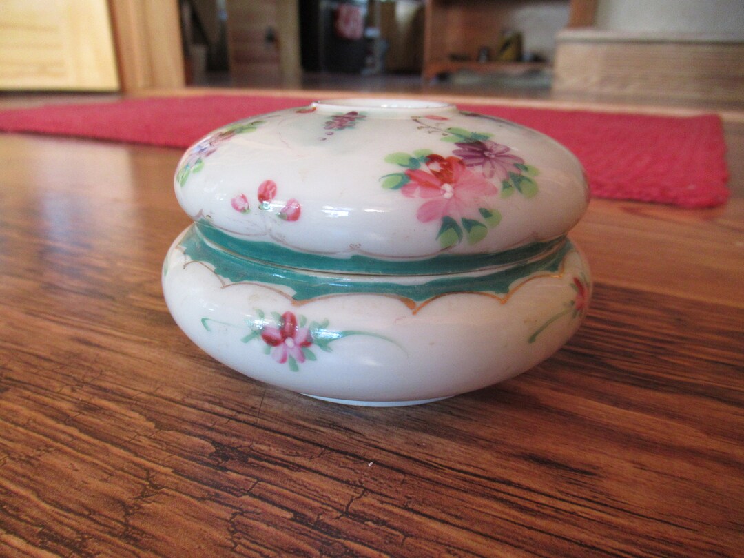 Antique Porcelain Hair Receiver Hand Painted White Purple Pink Flowers ...
