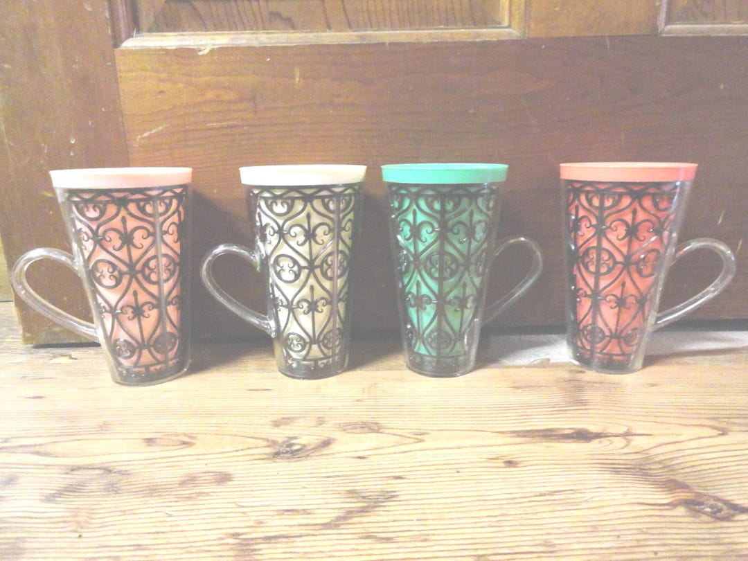 Vintage Plastic Cups With Handles, Black Scroll Design 4 Colors, 1950s ...