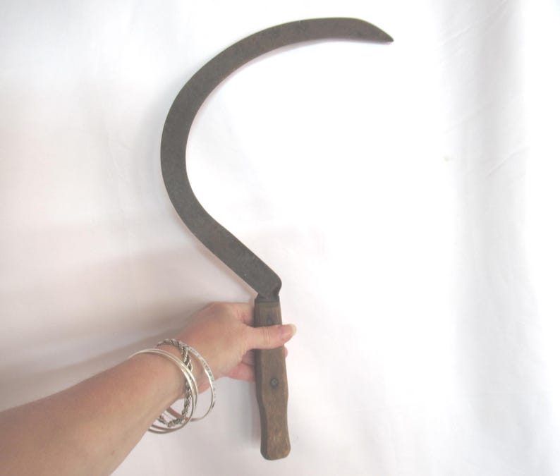 Antique Sickle Hook Rusty Metal Wooden Handle Farm Tool Bagging Hook ...