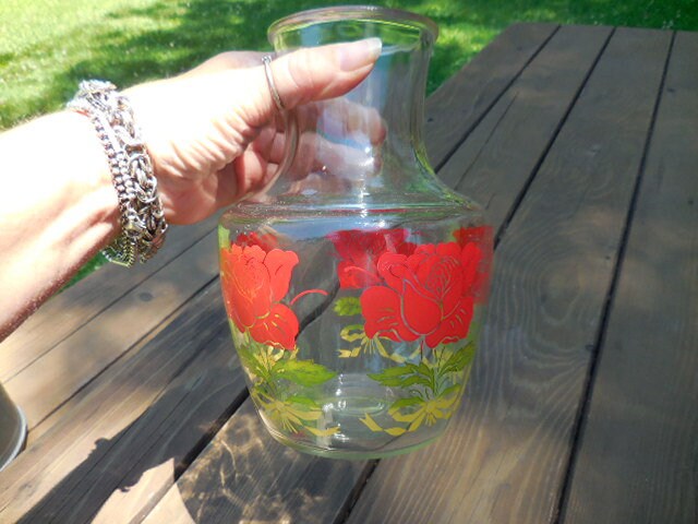 Vintage 1950s to 1960s Clear Glass Beverage Carafe Red Rose - Etsy