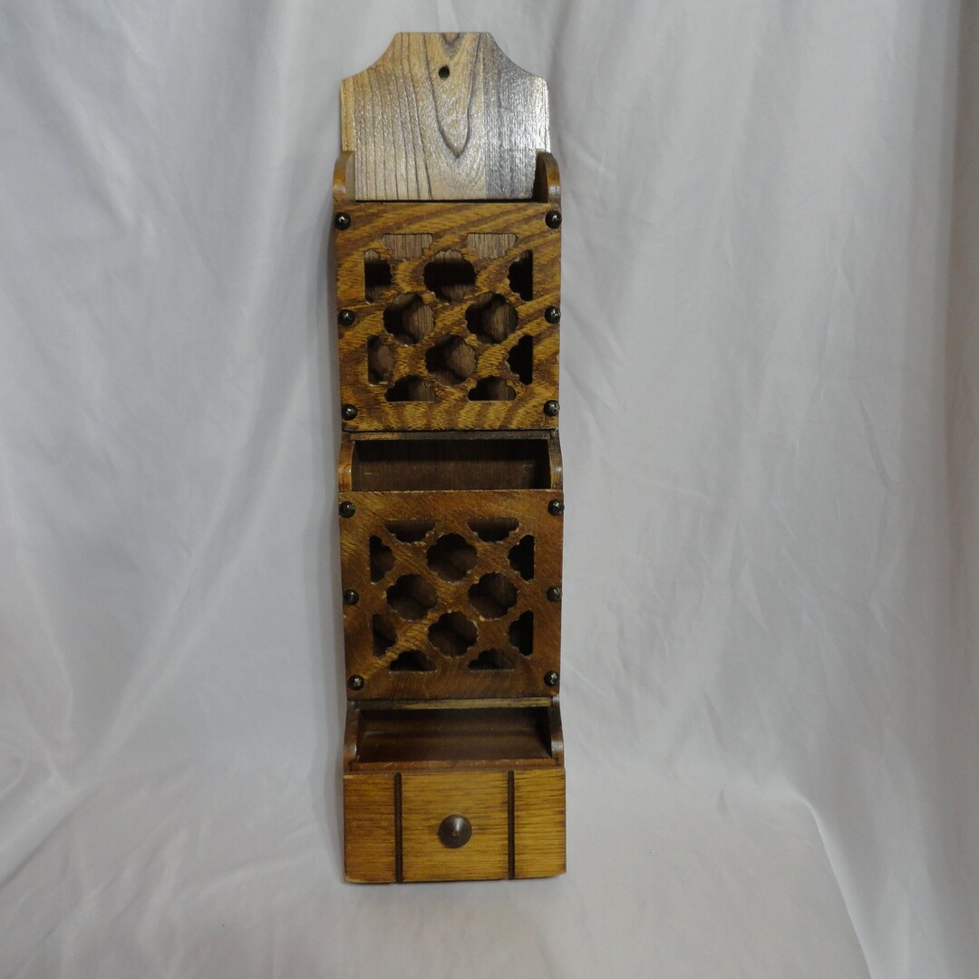 Vintage Wooden Mail Organizer Wall Hanging Bill Holder Kitchen 1970s ...