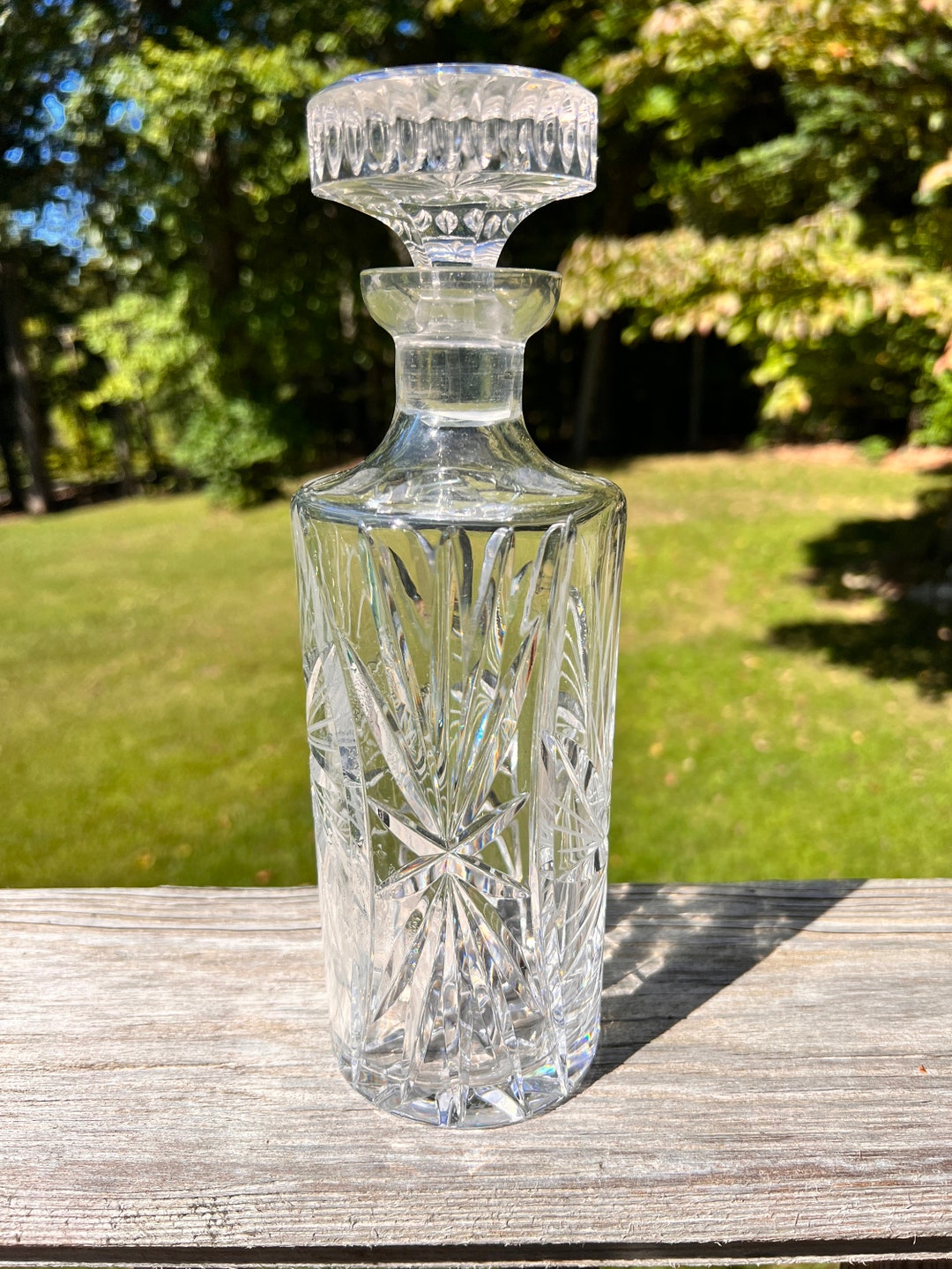 Vintage Clear Cut Crystal Round Alcohol Decanter & Stopper Star Pattern ...
