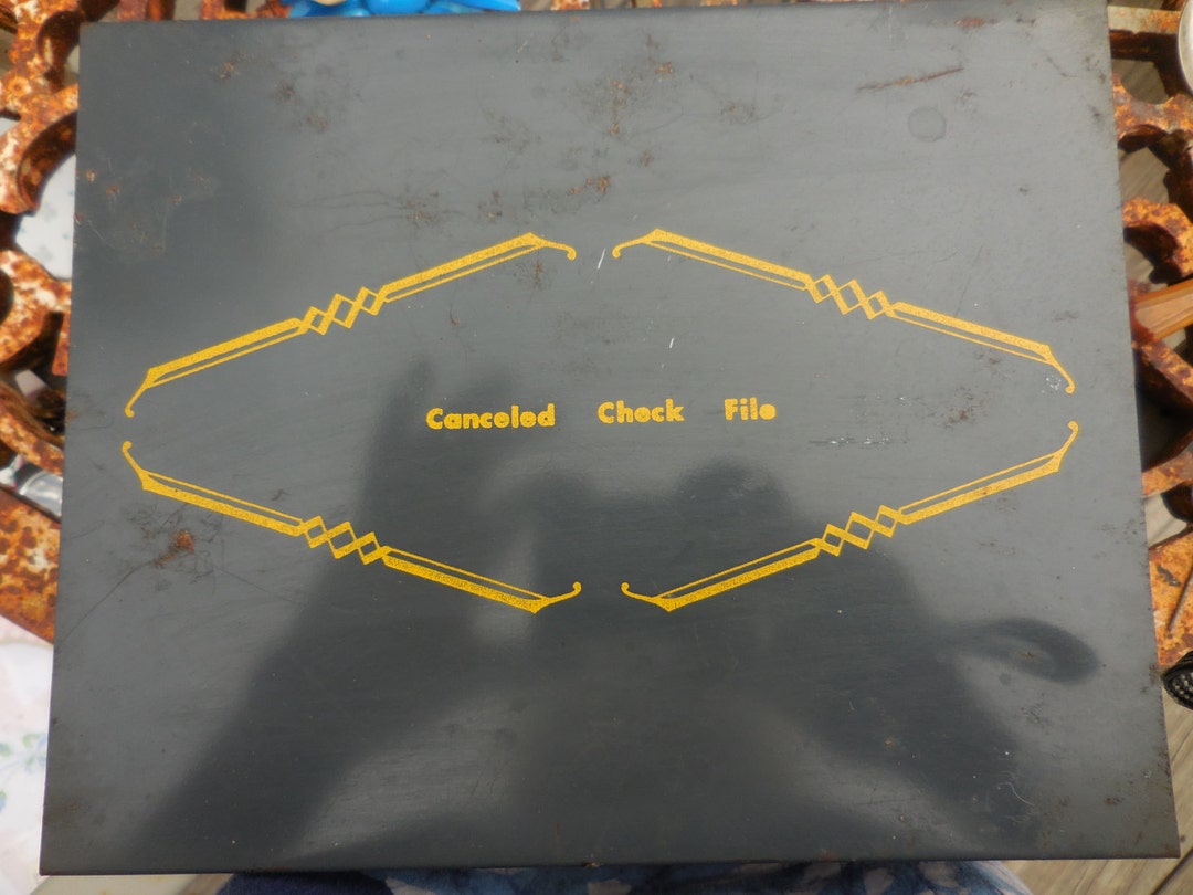 Vintage Canceled Check File Box Gray Metal Yellow Graphics Sliding Top ...
