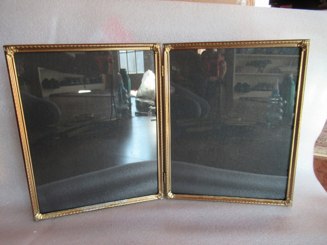 Vintage Gold Tone Metal Double Picture Frame Photo Frame Folding Hinged ...