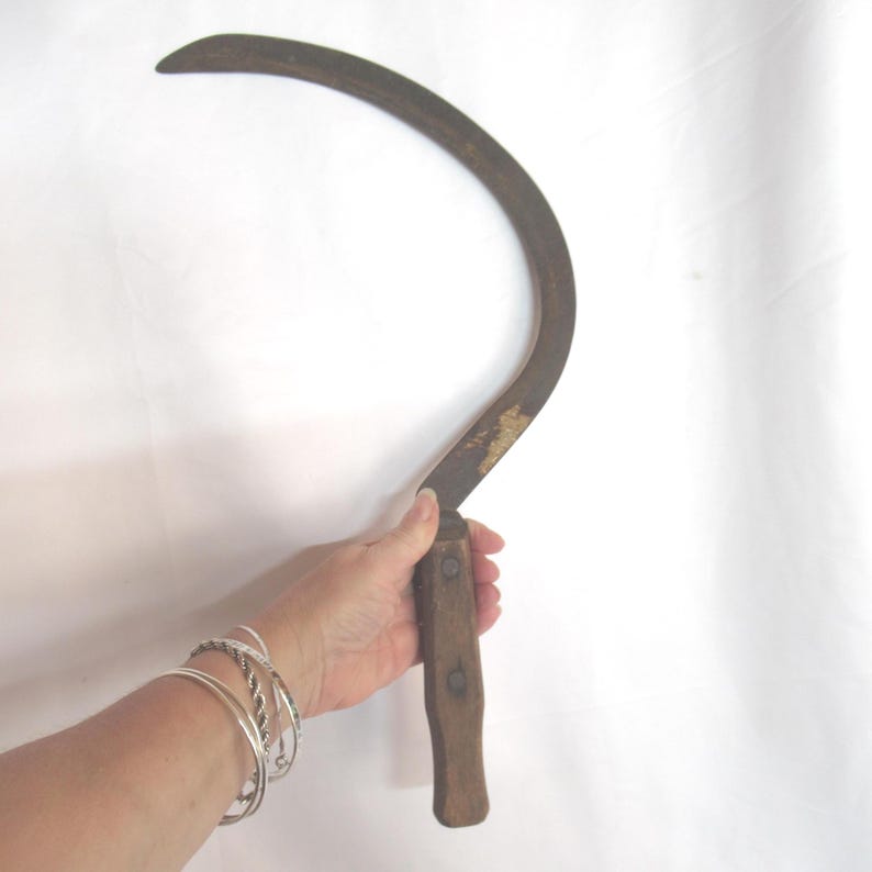 Antique Sickle Hook Rusty Metal Wooden Handle Farm Tool Bagging Hook ...