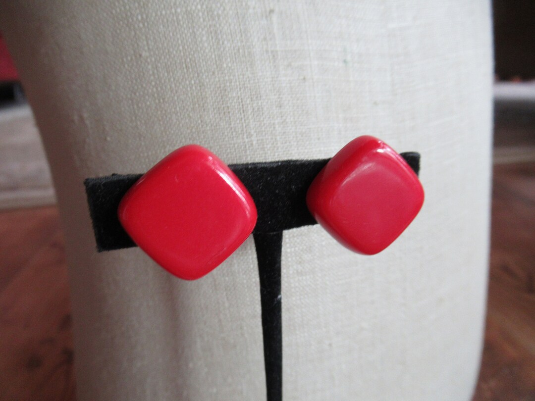 Vintage 1950s 1960s Small Retro Red Square Clip on Earrings - Etsy