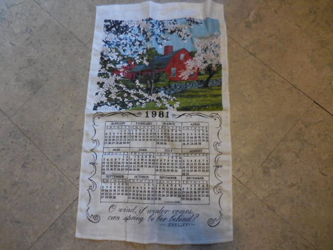Vintage Calendar Tea Towel 1981 Linen 12 Month Wall Hanging Retro Barn ...