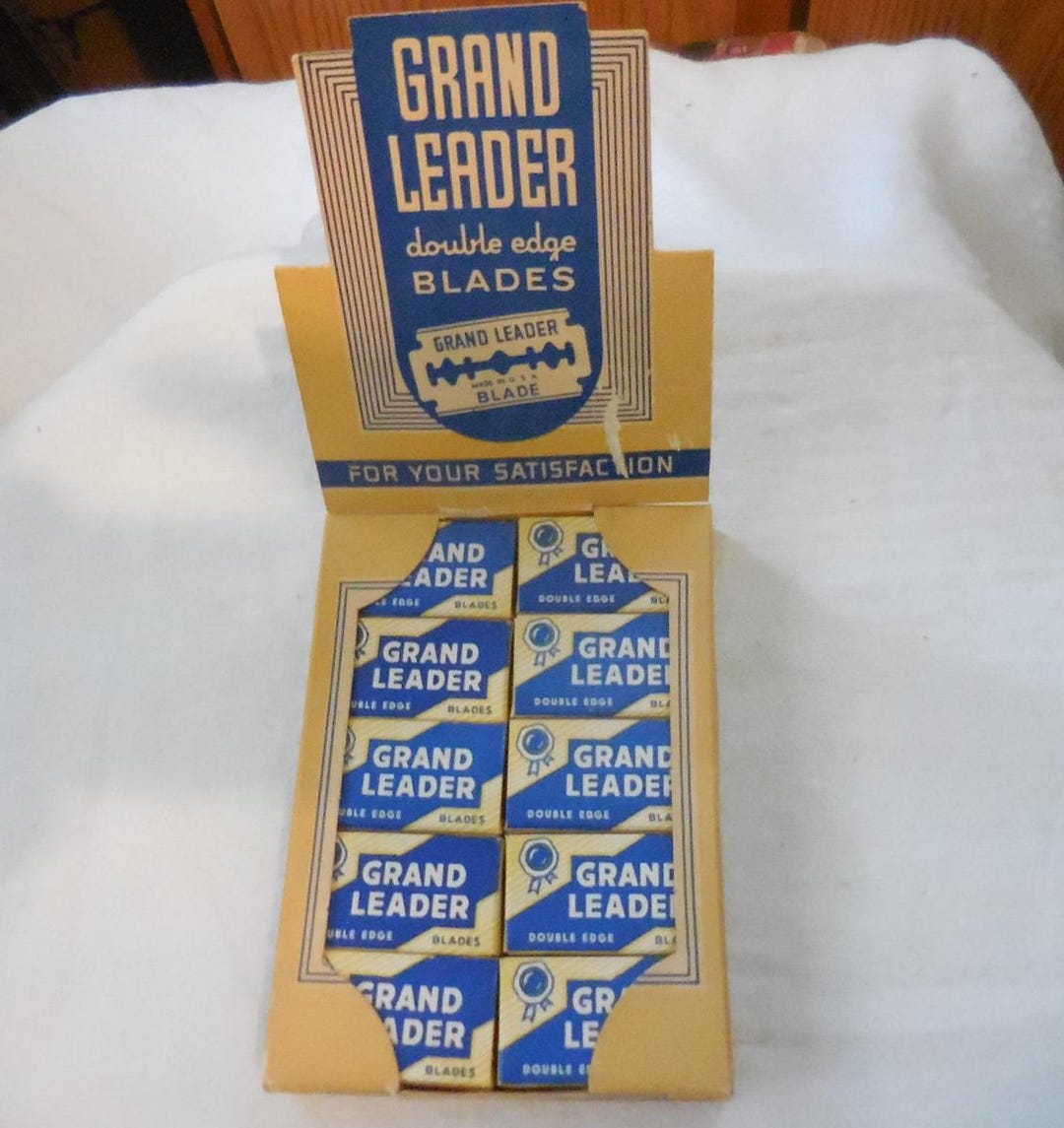 Vintage Double Edge Razor Blade Display Grand Leader 20 Full Boxes Prop ...