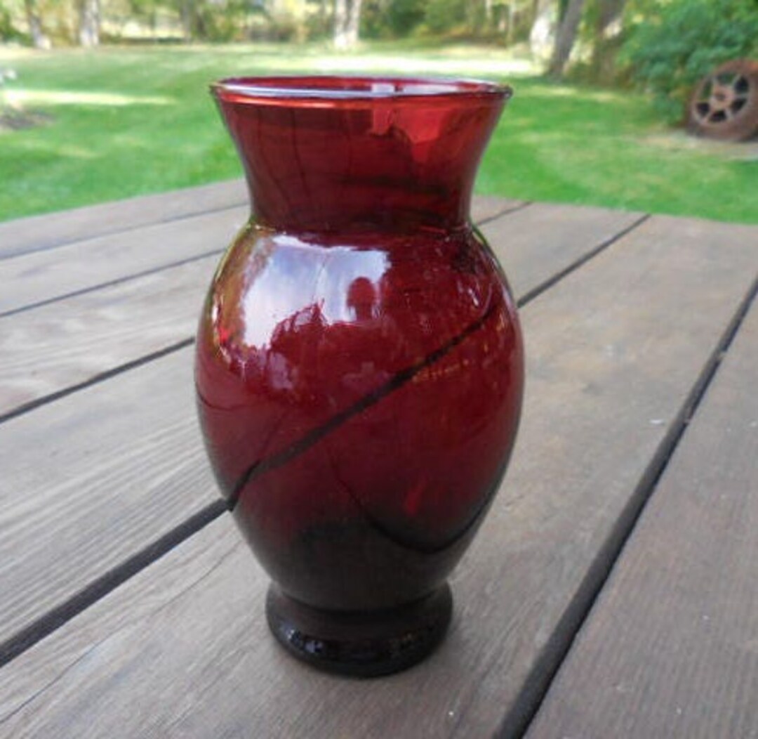 Vintage Ruby Red Glass Flower Vase Anchor Hocking Translucent Retro