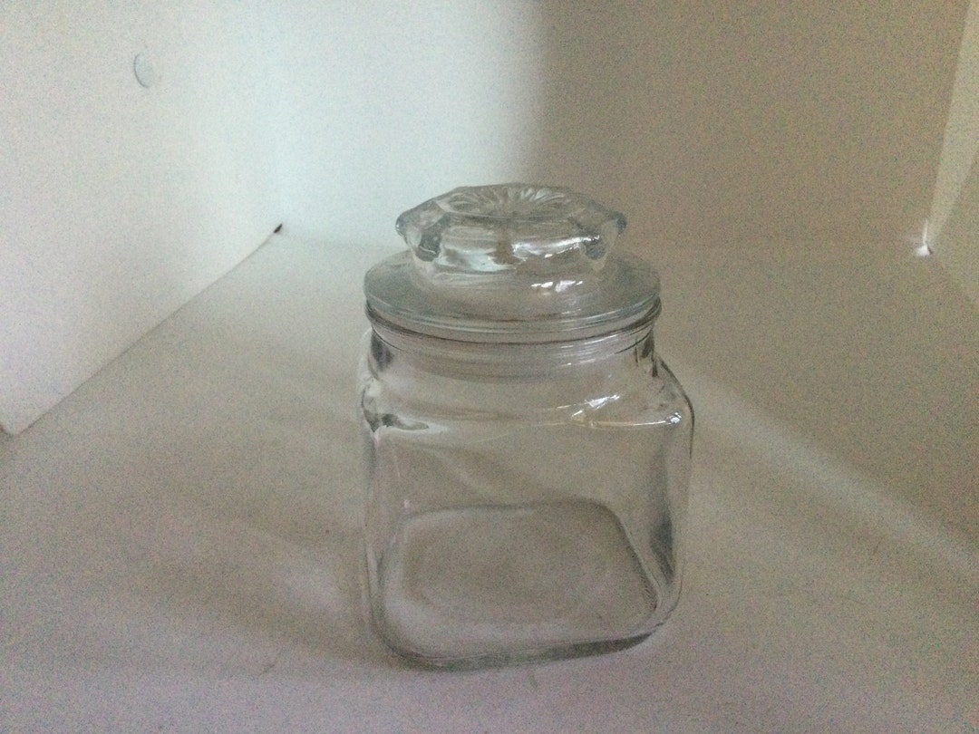 Vintage Small Square Clear Glass Jar & Lid Small Storage Display ...