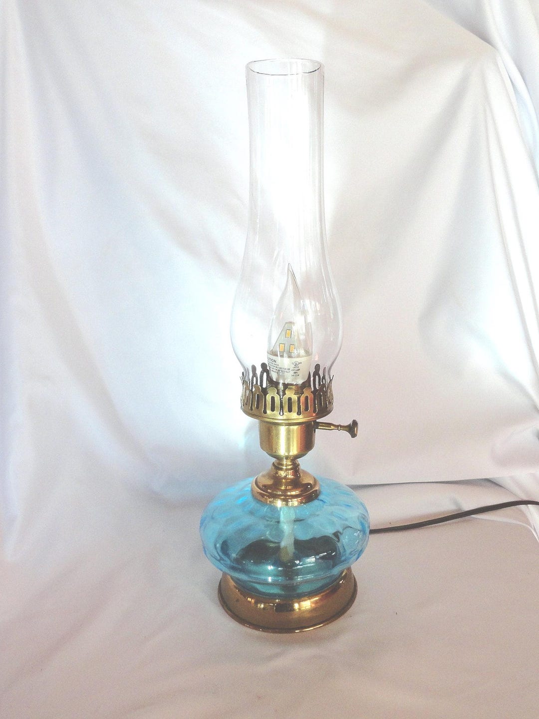 Vintage Teal Blue Coin Dot Glass Lamp Hurricane Oil Lamp Converted ...