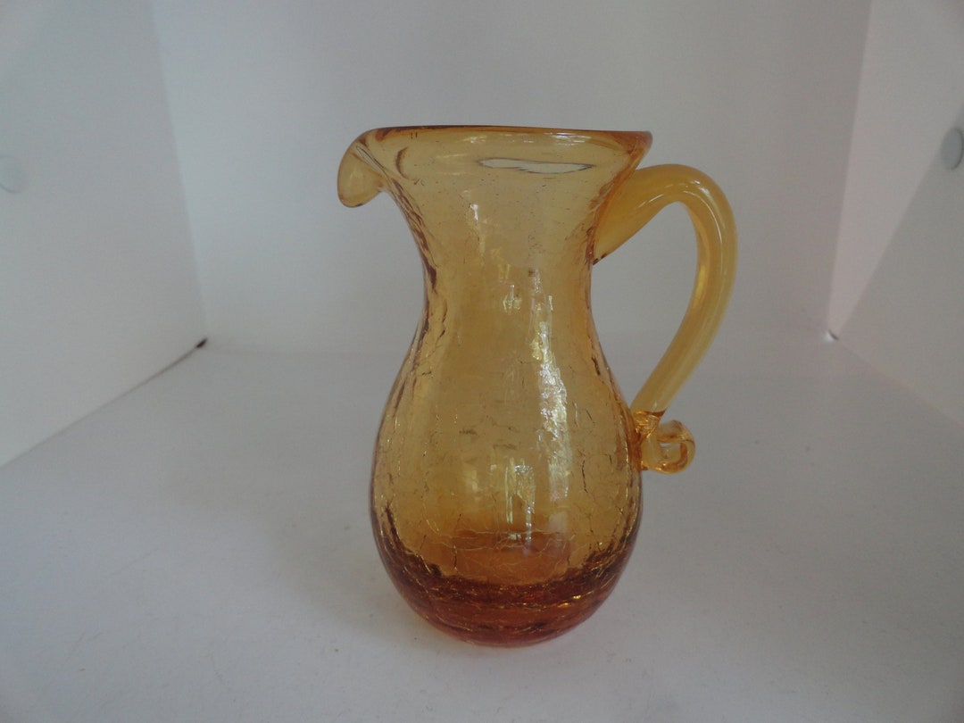 Vintage Yellow Crackle Glass Pitcher Small Miniature Handblown Home ...