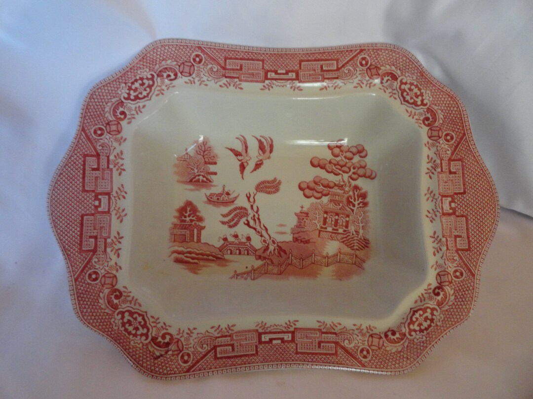 Antique Red & White Willow Serving Dish Ye Olde Willow Rectangle ...