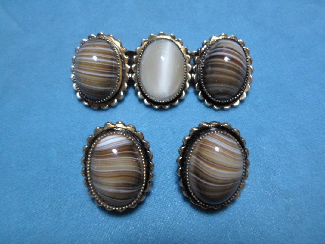 Vintage Women's Earrings & Pin Set Brown Beige Art Glass Brooch ...