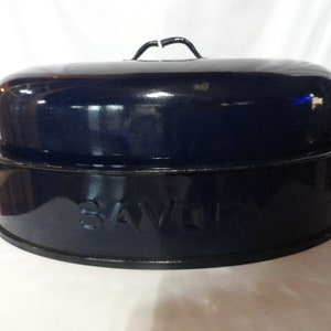 Vintage Dark Blue Savory Enamel Roasting Pan Small Kitchen Farmhouse ...