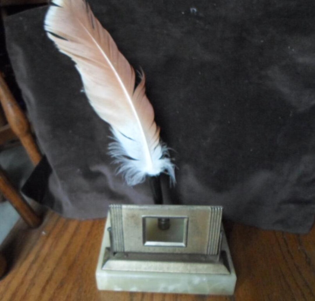 Vintage Marble Feather Pen Holder Perpetual Calendar Art Deco Metal ...