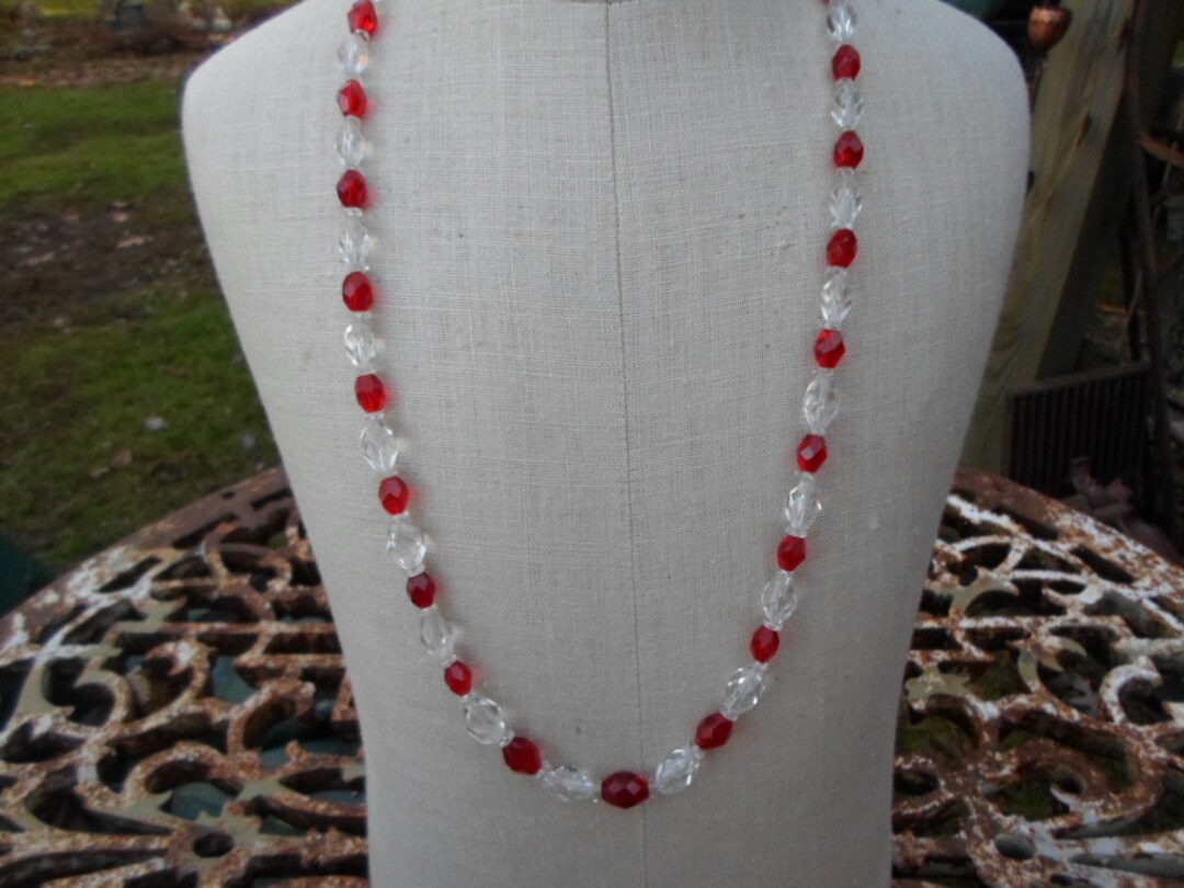 Vintage Women's Bright Red & Clear Glass Necklace Beaded Faceted ...